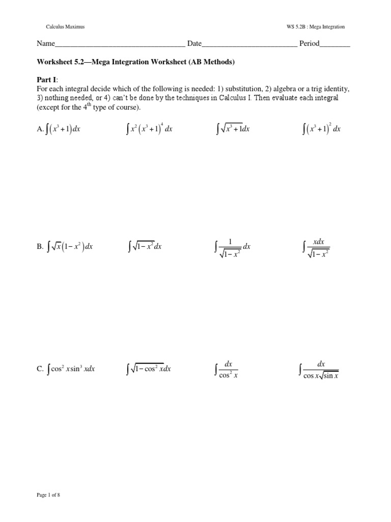 Calculus Integration Techniques Worksheet | PDF | Integral ...