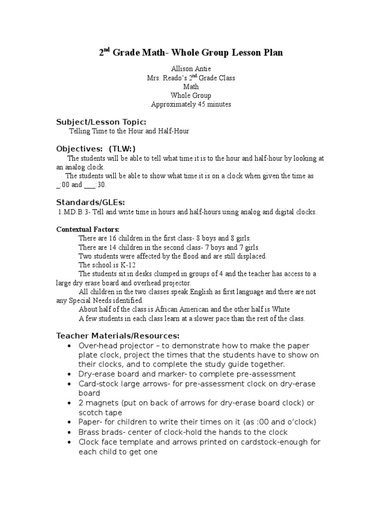 Msa-West Telling Time To Hour and Half Hour Lesson Plan Final | PDF ...