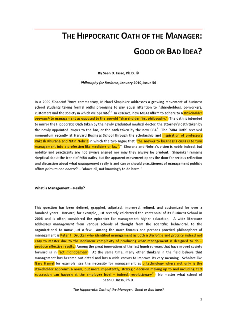 Sean Jasso's 'The Hippocratic Oath of The Manager' Philosophy For ...