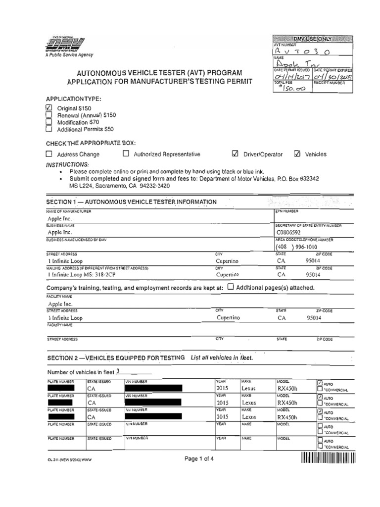 Autonomous Vehicle Tester (AVT) Program Application For Manufacturer's ...