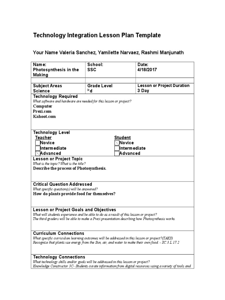 Technology Integration Lesson Plan Template | PDF