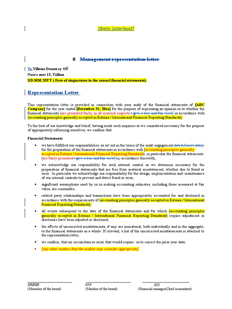 Representation Letter | PDF | Going Concern | Financial Statement