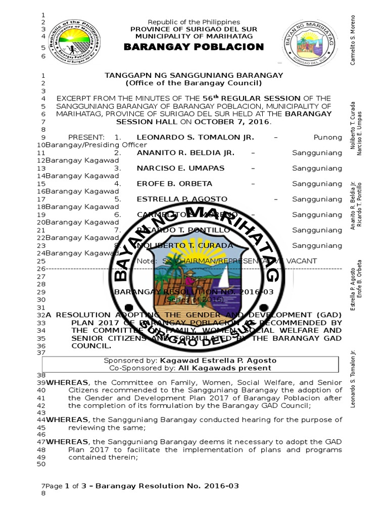 Barangay Resolution 2016 03 | PDF | Philippines | Government
