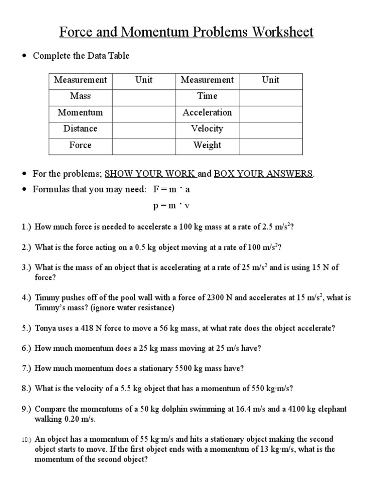 Force and Momentum Problems Worksheet | PDF | Teaching Methods & Materials