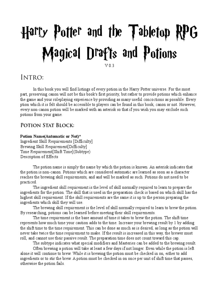 Harry Potter and The Tabletop RPG Potions | PDF