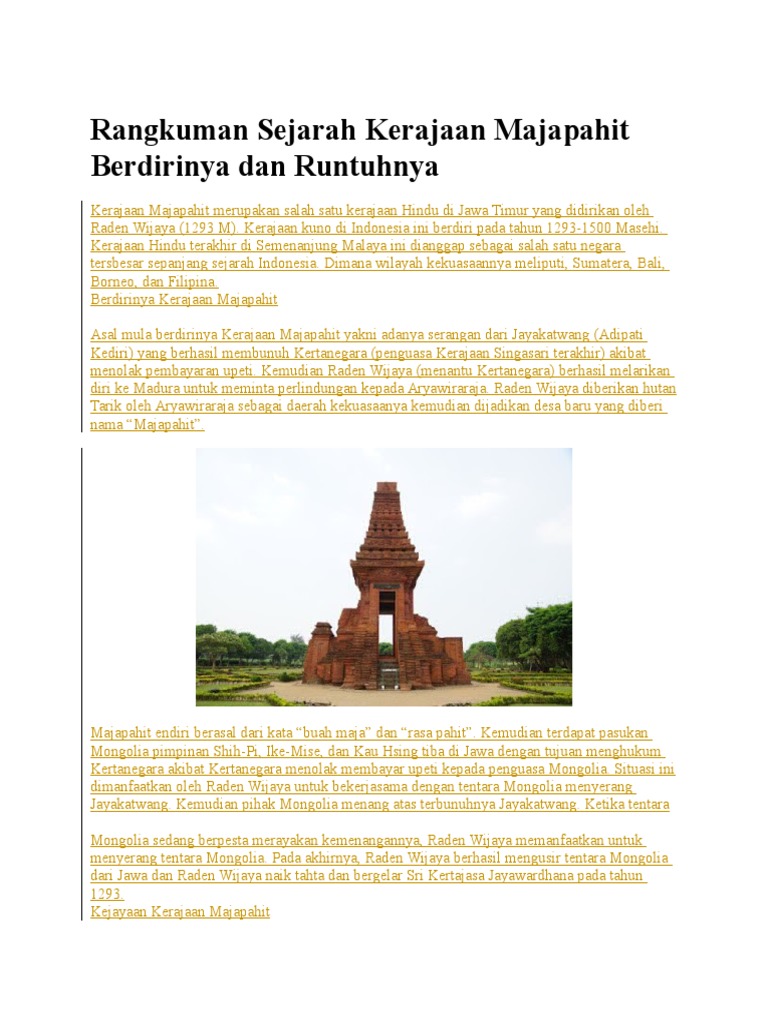 Rangkuman Sejarah Kerajaan Majapahit Berdirinya Dan Runtuhnya | PDF
