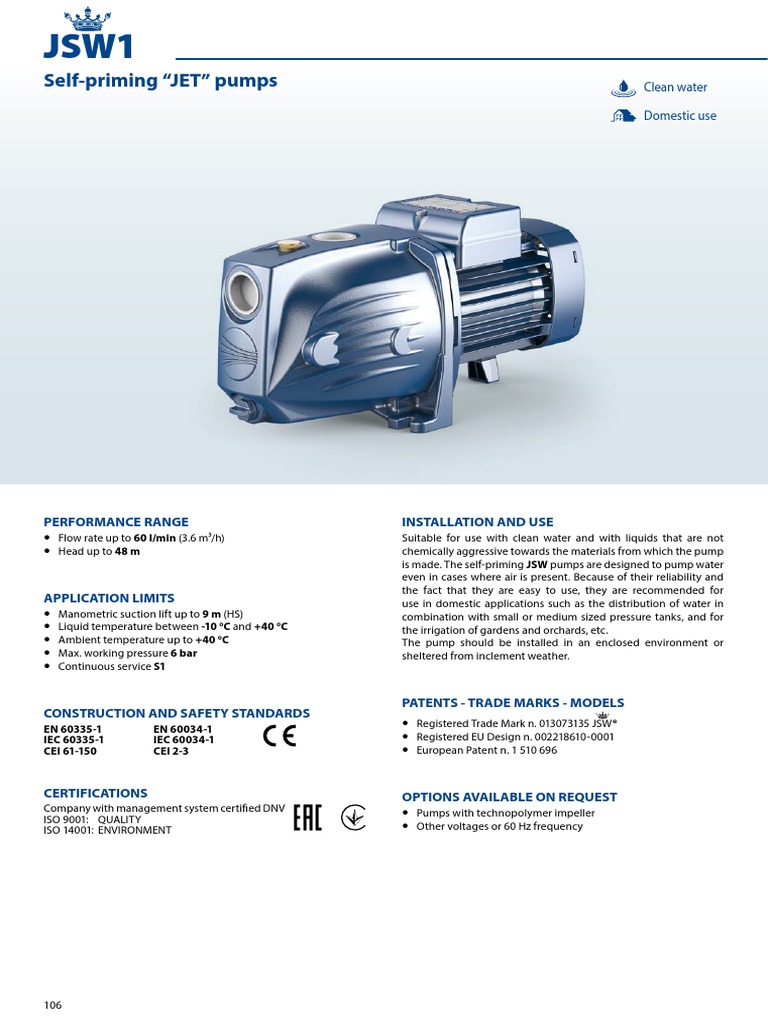 Self-Priming "JET" Pumps: Installation and Use Performance Range | PDF ...