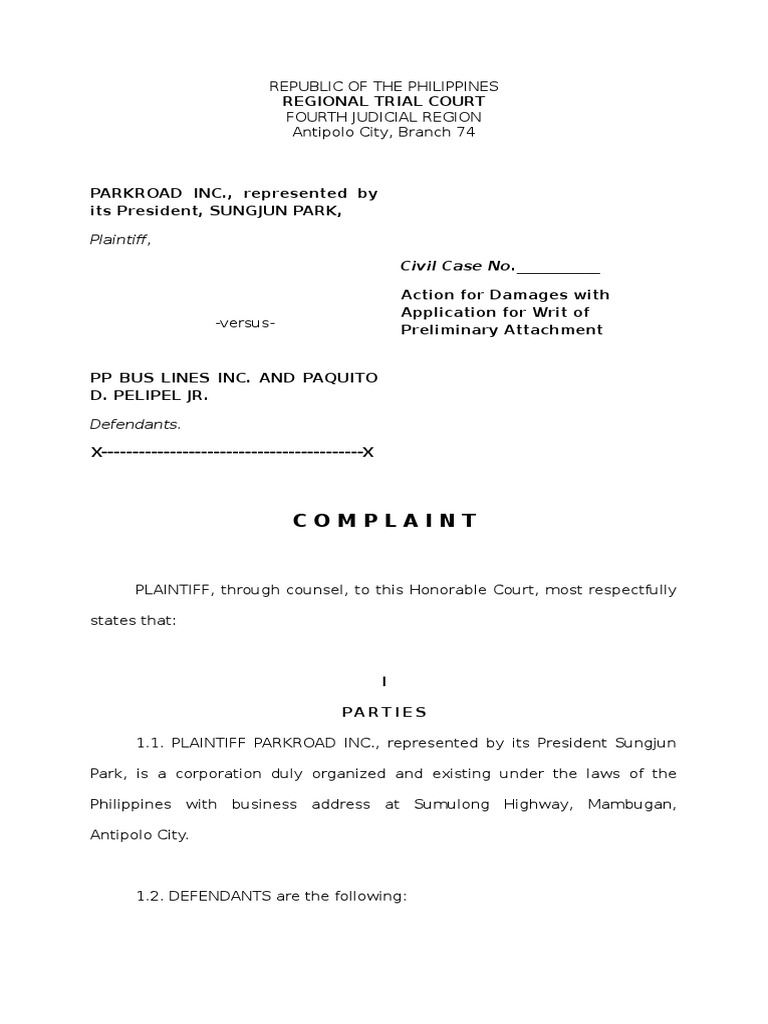Complaint Parkroad vs. PP Bus Lines | PDF | Cheque | Joint And Several ...