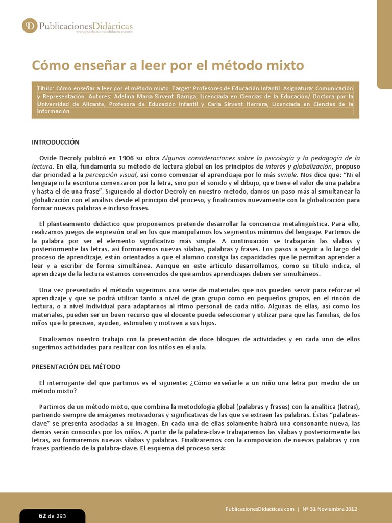 Como Enseñar A Mleer Por El Metodo Mixto | PDF | Lectura (proceso ...