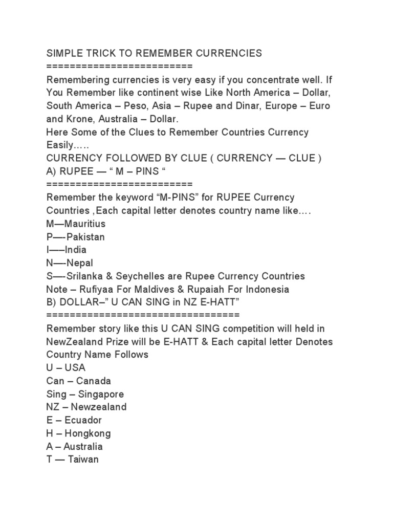 Simple Trick To Remember Currencies | PDF | Rupee | Economy Of Asia