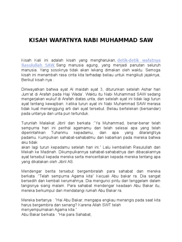 Kisah Wafatnya Nabi Muhammad SAW Artikel | PDF
