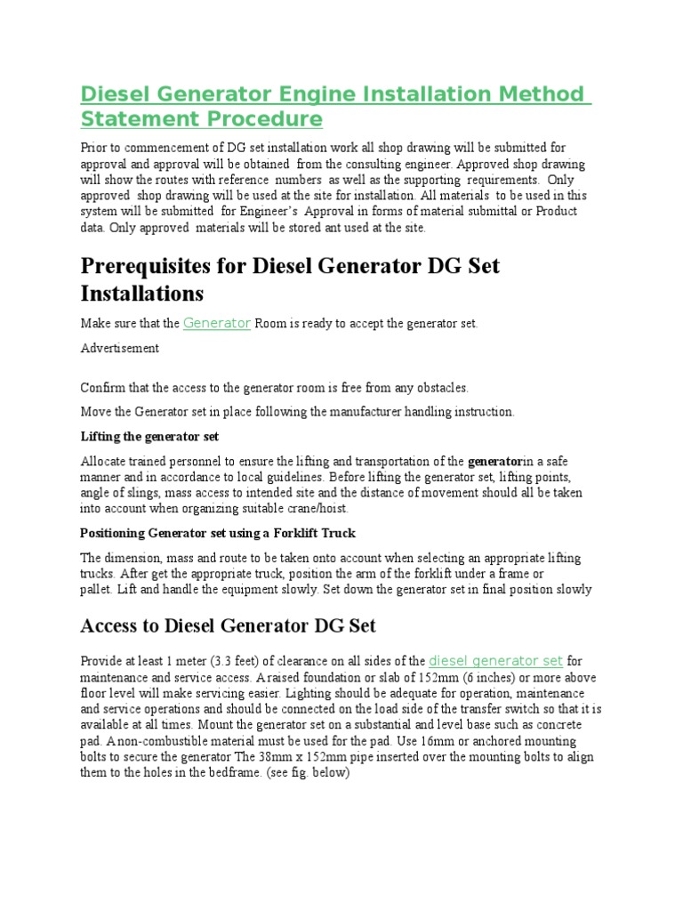 Installation and Commissioning of a Diesel Generator Set | PDF ...
