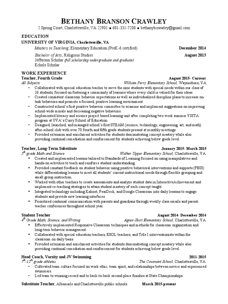 Bethany Crawley Resume | PDF | University Of Virginia | Teachers