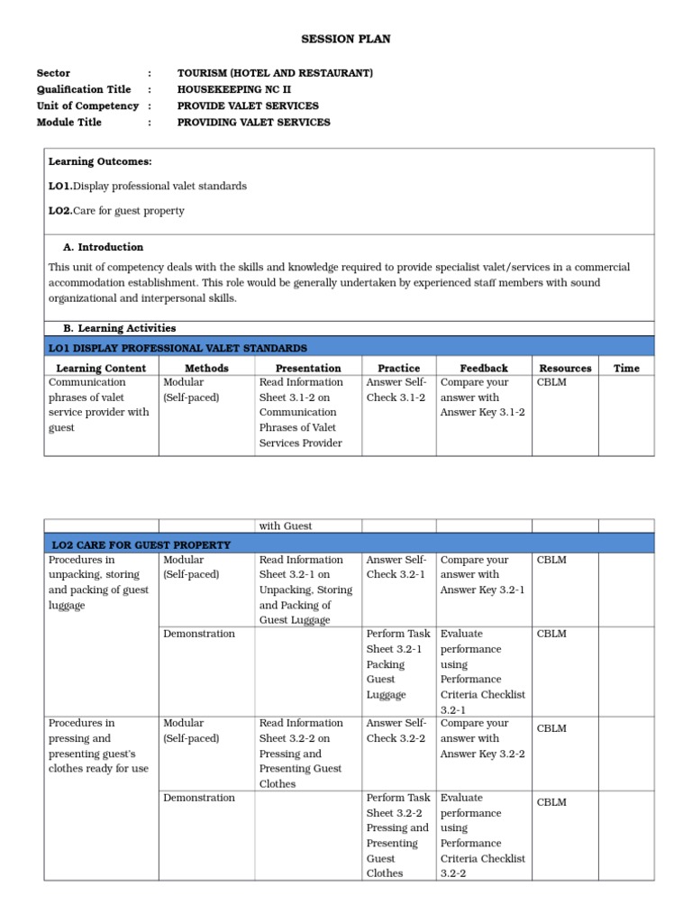 Session Plan (Provide Valet Services) | Competence (Human Resources ...