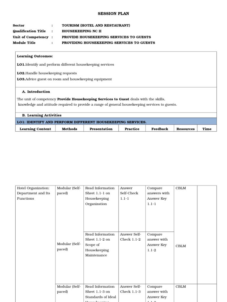 Session Plan (Provide Housekeeping Services to Guest) | Housekeeping | Competence (Human Resources)