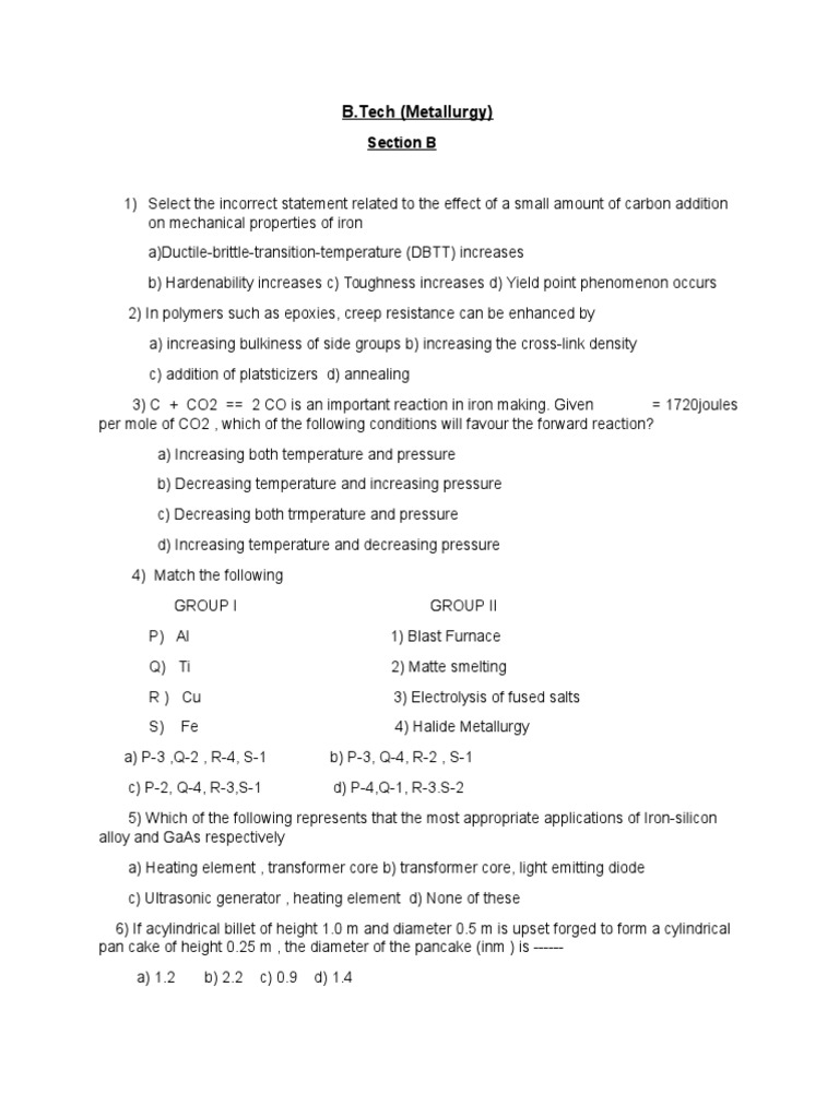 Question Paper For Metallurgy | PDF