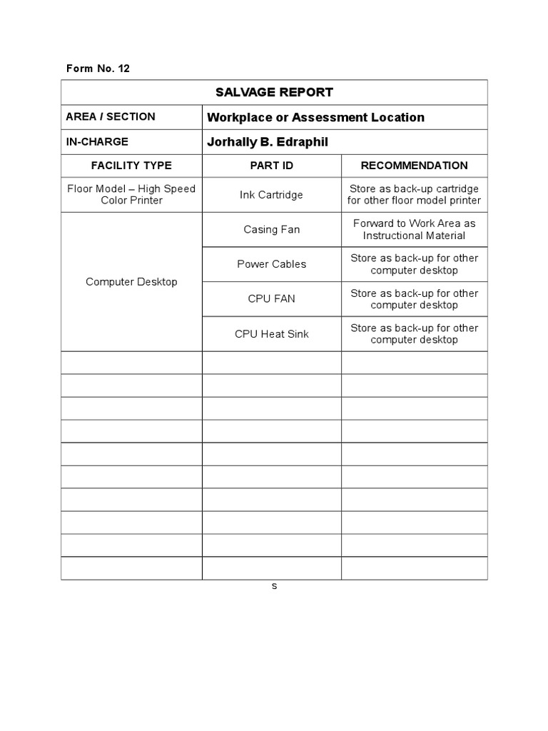 Form 12 - Salvage Report