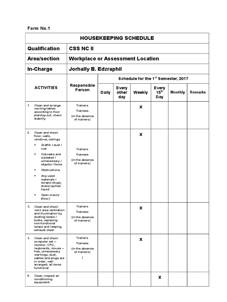 Form 1 - Housekeeping Schedule | PDF | Equipment | Manufactured Goods
