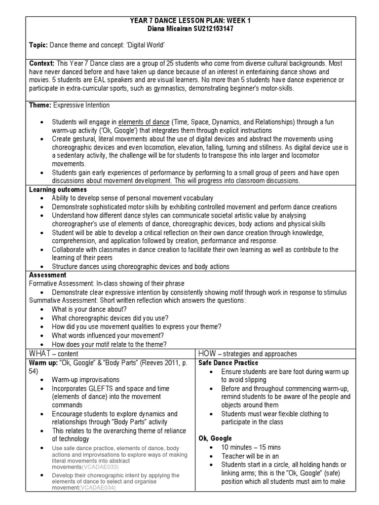 Eca433 At1 Year 7 Dance Lesson Plan | PDF | Dances | Lesson Plan