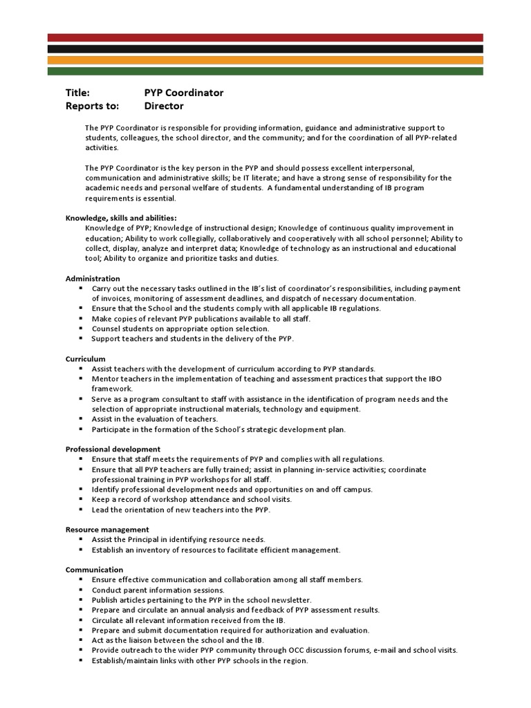 Pyp Coordinator Job Description | PDF | Educational Assessment | Teachers