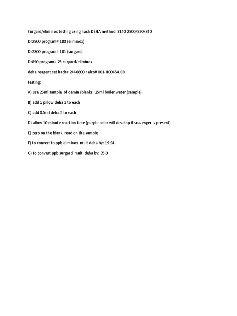 Procedure for Testing Surgard and Eliminox Levels in Boiler Water Using ...