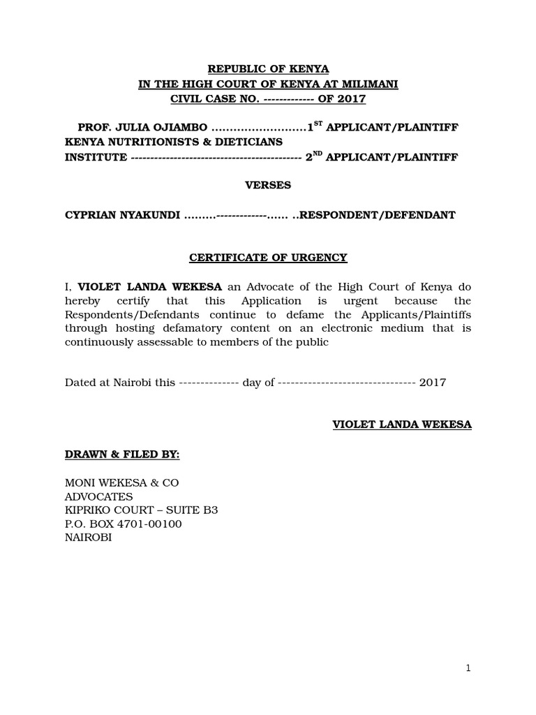 Julia Ojiambo's Certificate of Urgency Against Cyprian Nyakundi ...