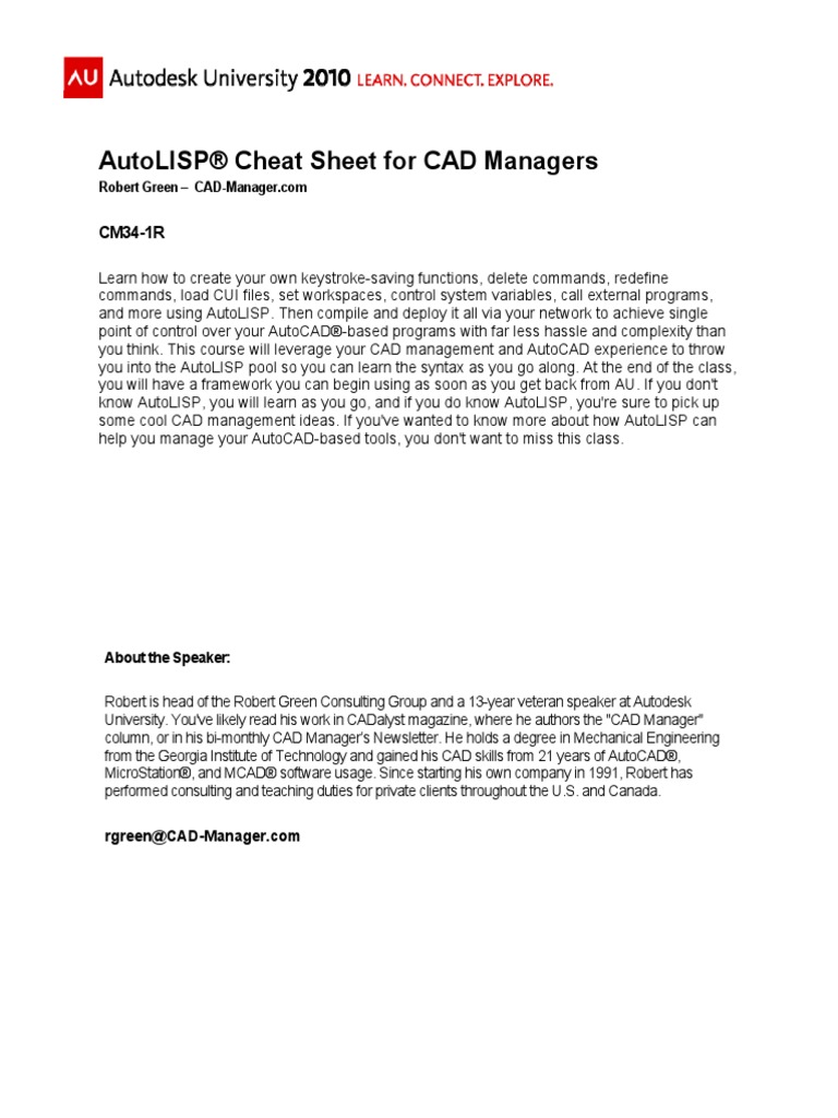 CM34-1R - AutoLISP Cheat Sheet For CAD Managers | PDF | Command Line Interface | Computer ...