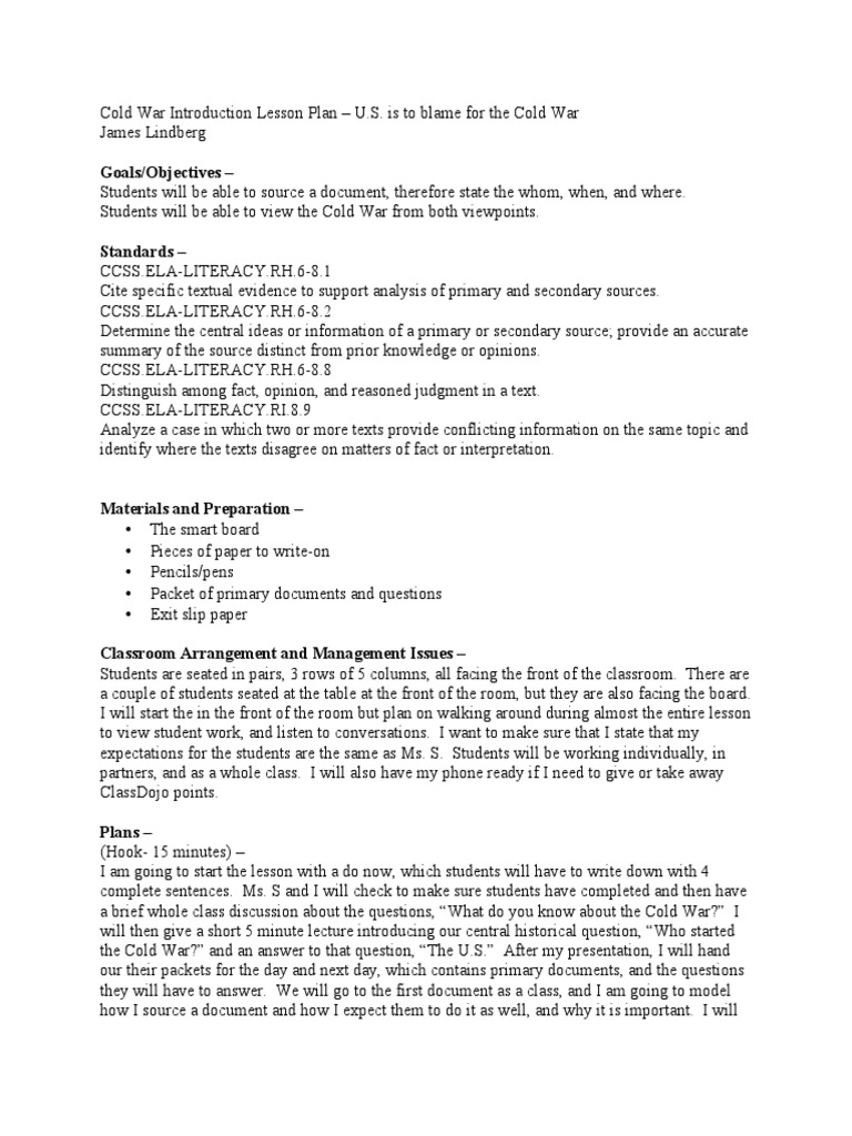 Cold War Introduction Lesson Plan | PDF | Classroom | Lesson Plan