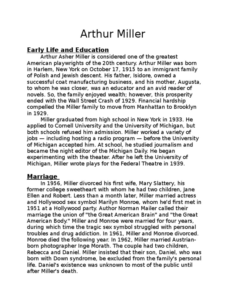 Arthur Miller: Early Life and Education | PDF | Entertainment (General)