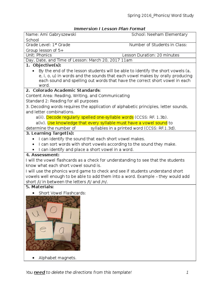 Short Vowel Phonics Lesson Plan | PDF | Phonics | Vowel