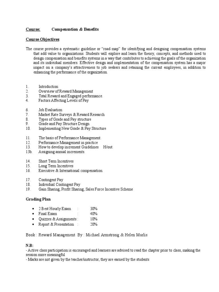 Course Outline - Comp & Benefits | PDF | Applied Psychology | Learning