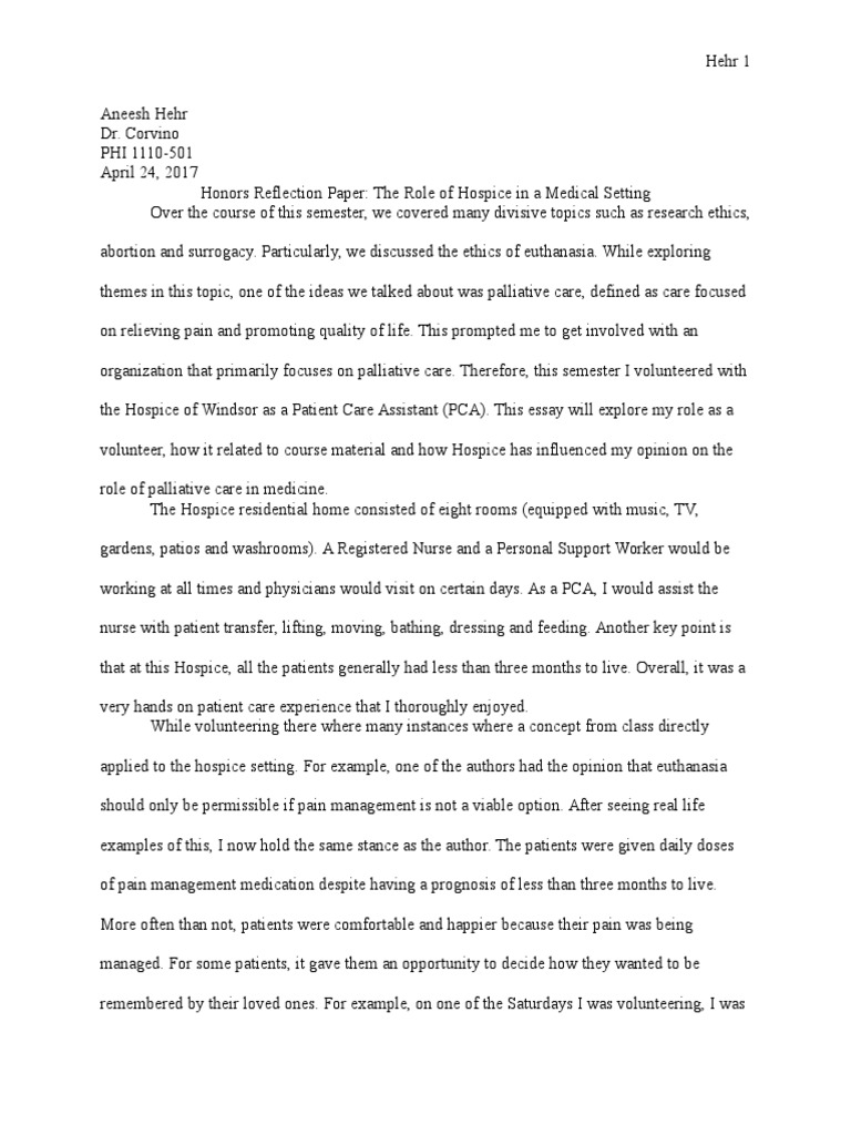 Service Learning Reflection Paper Palliative Care Health Care