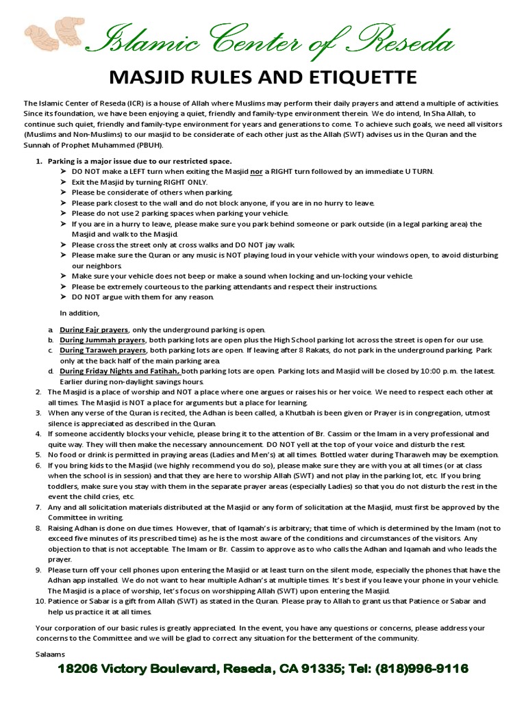 Masjid Reseda Rules and Etiquette PDF | PDF