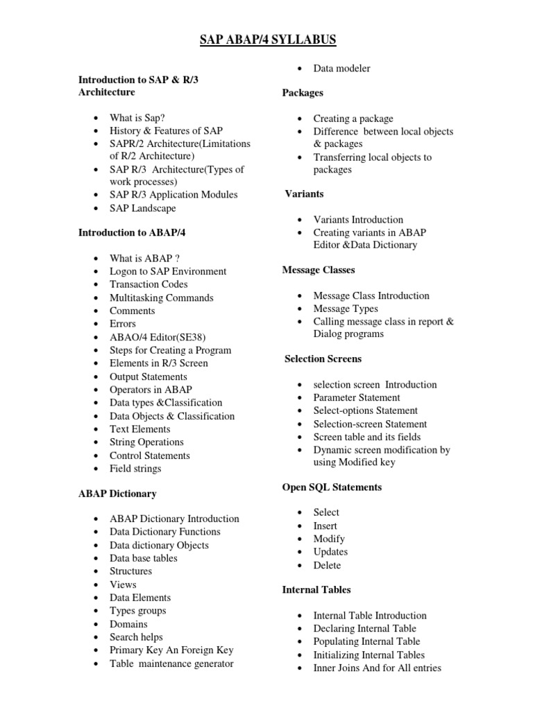 Sap Abap/4 Syllabus: Introduction To SAP & R/3 Architecture Packages ...