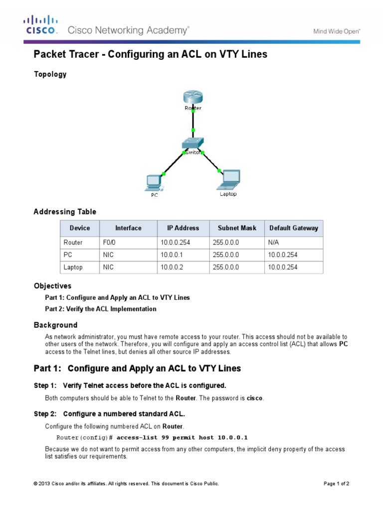 9.2.3.3 Packet Tracer - Configuring an ACL on VTY Lines Instructions.docx