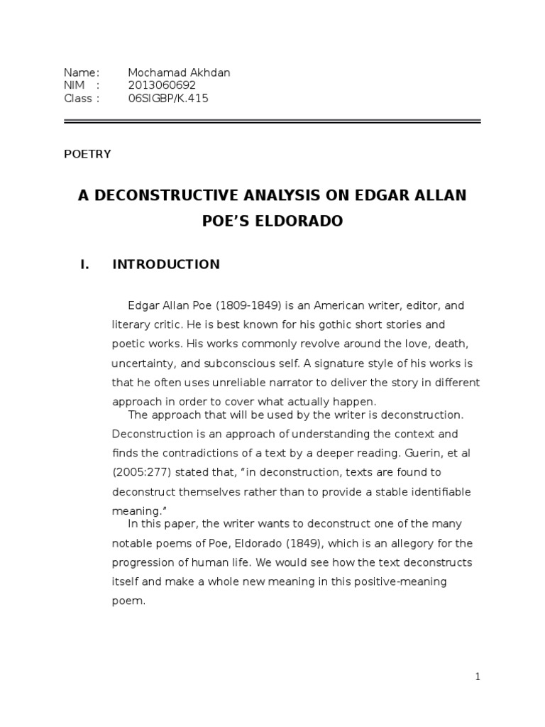 The Deconstructive Analysis On Poe's Eldorado | PDF | Deconstruction ...