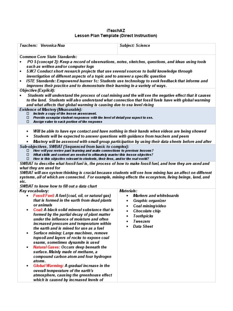 Iteachaz Lesson Plan Template (Direct Instruction) : Fossil Fuel | PDF ...