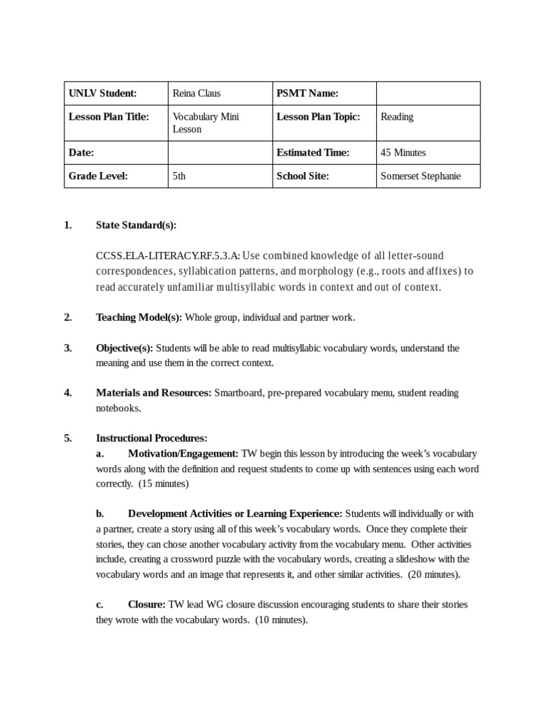 Vocabulary Mini Lesson 2 PDF | PDF | Vocabulary | Lesson Plan
