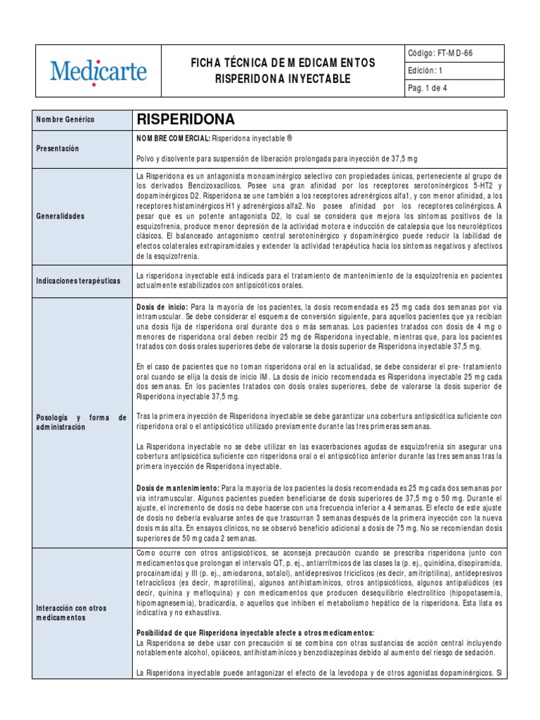 FT MD 66 Risperidona Inyectable | PDF | Risperidona | Amamantamiento