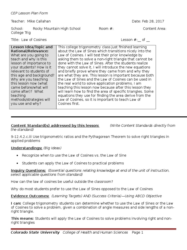 Law of Cosines Lesson Plan | PDF | Trigonometric Functions | Lesson Plan