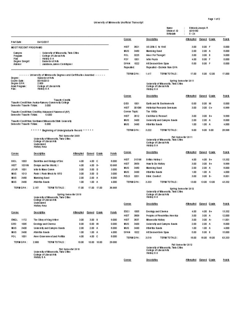 jb u of m unofficial transcript | University Of Minnesota | Academia