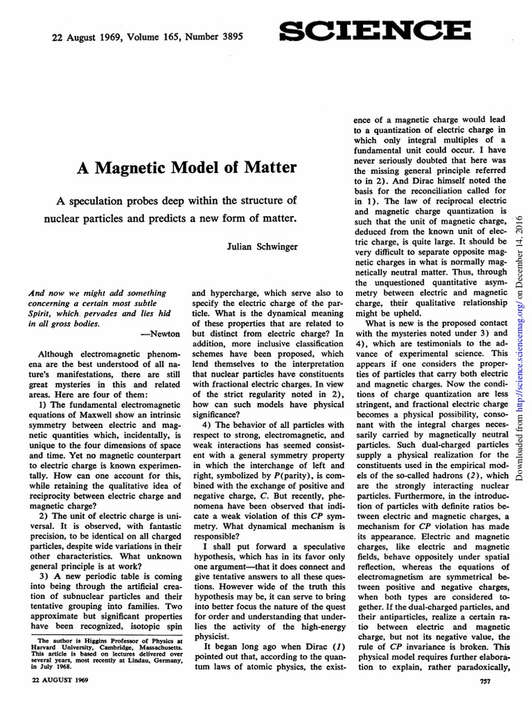 A Magnetic Model of Matter - Schwinger | PDF | Electric Charge | Spin ...
