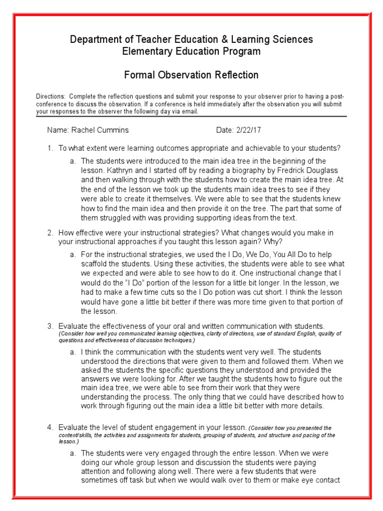 Teacher Observation Reflection: Lesson Insights | PDF | Classroom ...