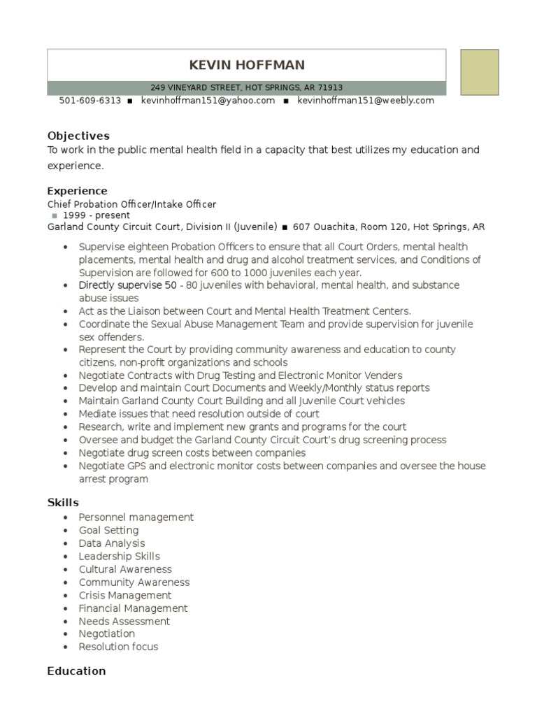 Kevin Hoffman Resume | Download Free PDF | Probation Officer | Substance Abuse