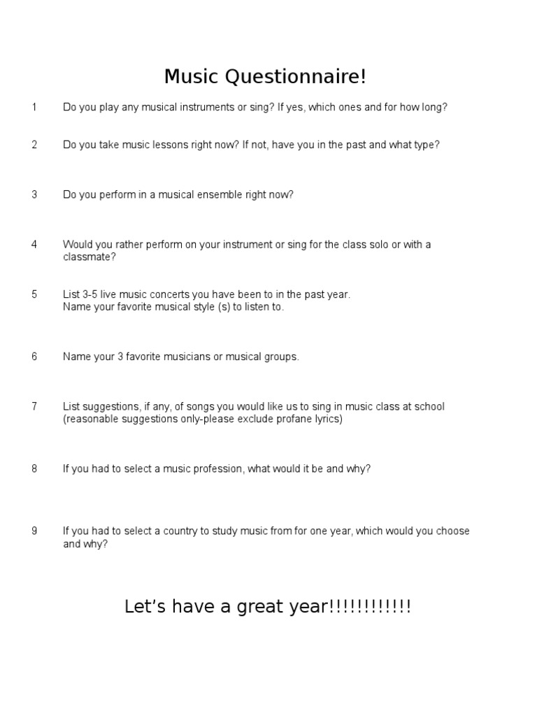 Music Questionnaire!: Let's Have A Great Year!!!!!!!!!!!! | PDF