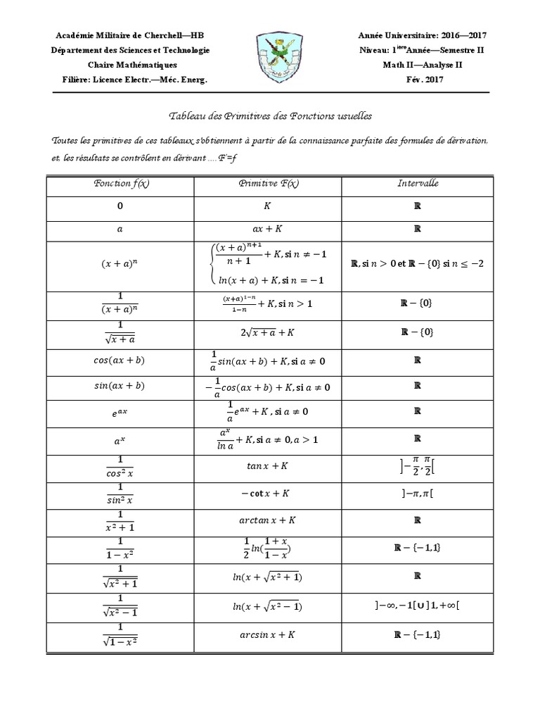 Tableau Des Primitives Des Fonctions Usuelles | PDF