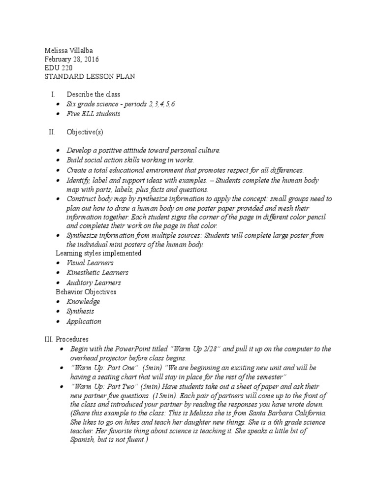 Melissa Villalba February 28, 2016 EDU 220 Standard Lesson Plan I ...