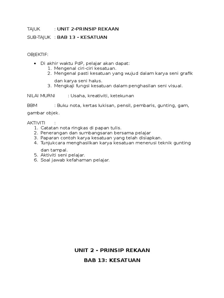 PENDIDIKAN SENI VISUAL TINGKATAN 1: BAB 14-Kesatuan | PDF