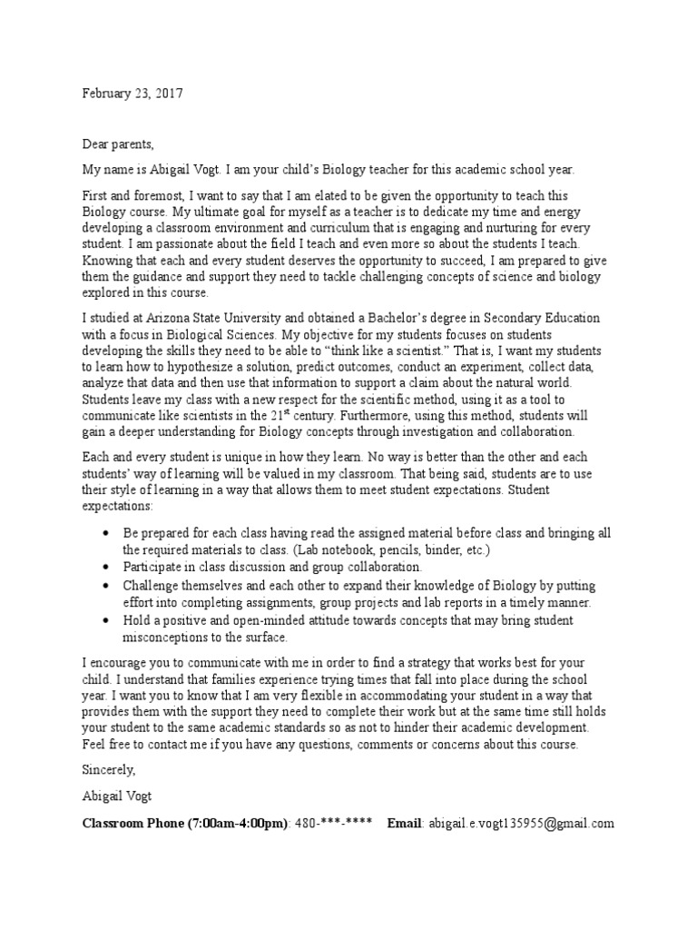 Introduction Letter To Parents | PDF | Science | Teachers