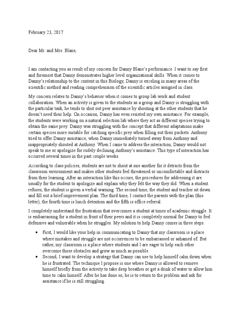 Letter To Parent About Student Behavior | PDF | Learning | Cognition